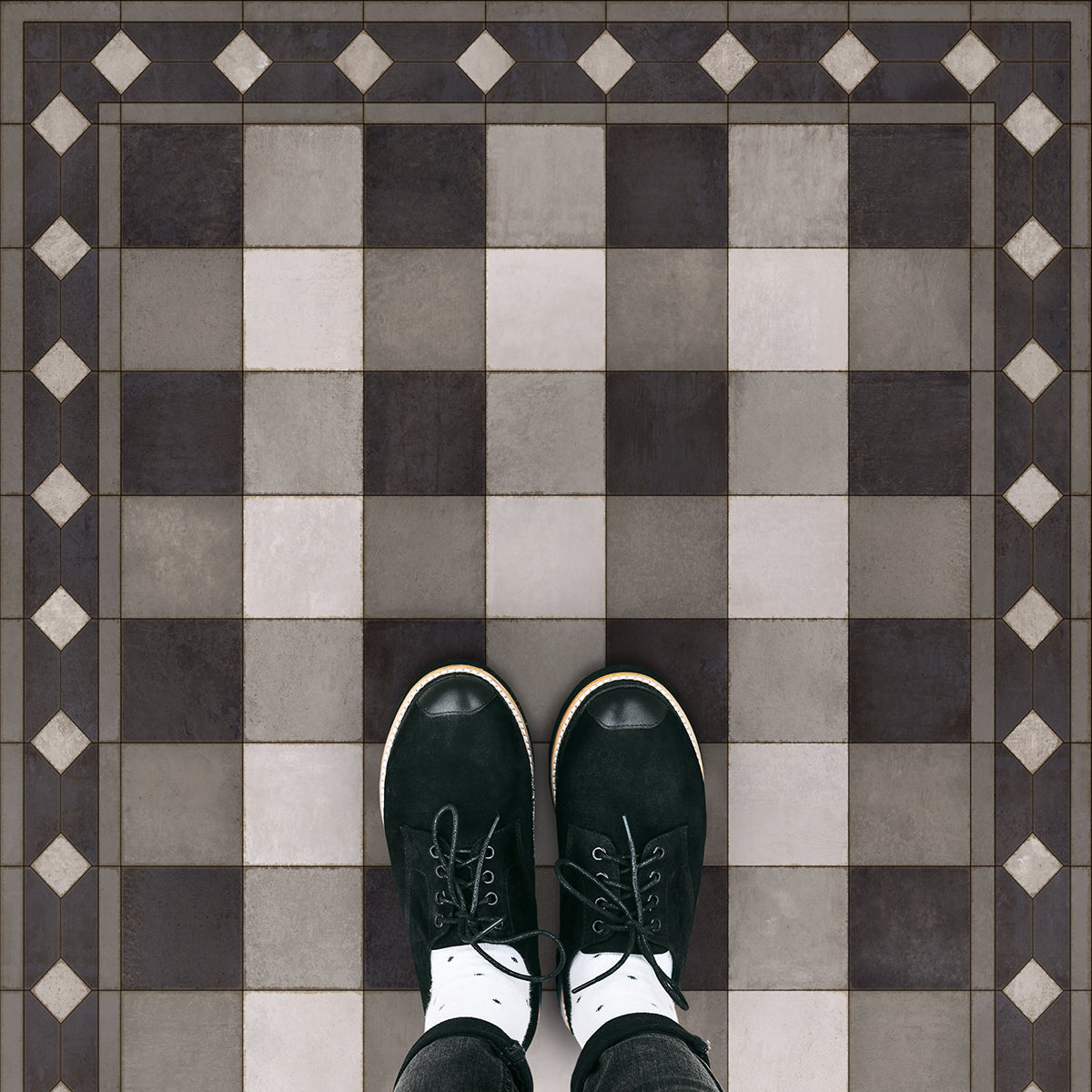Vintage Vinyl Floorcloth Rug (Williamsburg -Gingham Tile - Black ...