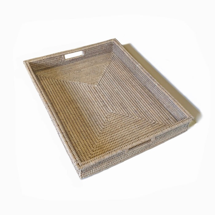 White Wash Rattan Rectangular Shallow Tray w/Handle 26" – Hudson & Vine